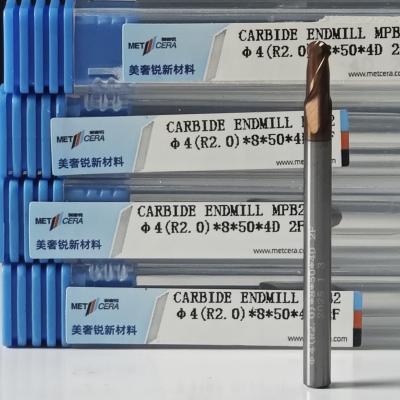 China Solid Carbide Ball Nose End Mill 2 Flutes R0.5-10 4mm Φ4.0 R2.0 x8x4Dx50mm with Hardness HRC55-60 for sale