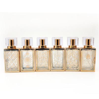 China 50ml Square Electroplated Perfume Bottle with Metal/Plastic Cap - OEM Custom Glass Container for Essential Oils for sale