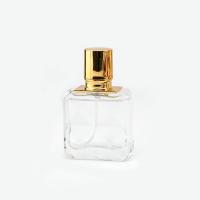 China 30ml Square Glass Perfume Bottle Transparent Portable Spray Bottle with Gold Cap for sale