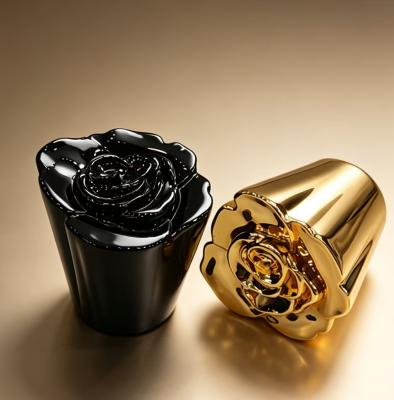 China Luxury Rose Sculpted Perfume Cap 24mm Zinc Alloy Gold Black for sale