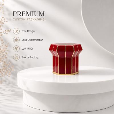 China Luxury Hexagonal Red Enamel Zinc Alloy Perfume Cap Gold Trim Zamac Fragrance Bottle Lid Custom Logo OEM ODM Source Factory Wholesale for sale