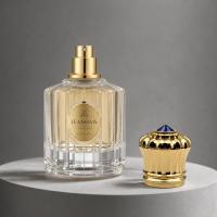 China Wholesale High Gloss Gold Ribbed Bud Shape Perfume Bottle Cap With Blue Rhinestone Top Heavy Zamac Closure OEM Custom Engrave Logo Middle East Luxury Oud Fragrance Packaging for sale