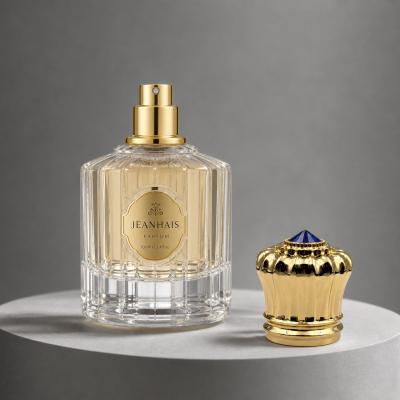 China Wholesale High Gloss Gold Ribbed Bud Shape Perfume Bottle Cap With Blue Rhinestone Top Heavy Zamac Closure OEM Custom Engrave Logo Middle East Luxury Oud Fragrance Packaging for sale
