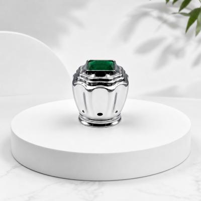 China Factory Custom Logo Mirror Silver Wavy Tiered Zamac Perfume Cap Gloss Zinc Alloy Wave Layer Lid With Square Emerald Crystal Compatible FEA15 50ml Vertical Rib Glass Perfume Bottles for sale