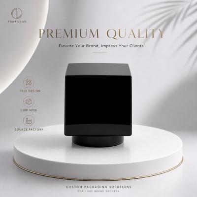 China Gloss Solid Black Square Zinc Alloy Perfume Cap Custom Smooth Cube Metal Fragrance Lid Model JH5080 For Luxury Empty Designer Glass Perfume Bottle for sale