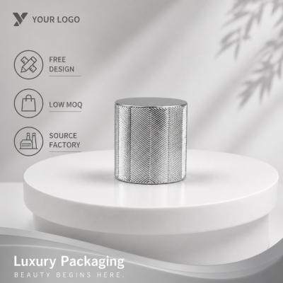 China Silver Chevron Embossed Zinc Alloy Round Perfume Cap Low MOQ Custom Brand Metal Scent Cover For Empty Luxury Perfume Glass Bottle for sale
