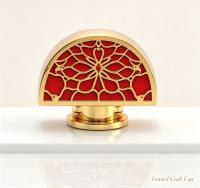 China Semicircle Hollow Floral Zamac Perfume Cap with Red Enamel Gold Plated Finish and Custom Logo Engraving for sale