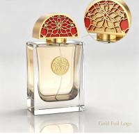 China Semicircle Hollow Floral Zamac Perfume Cap with Red Enamel Gold Plated Finish and Custom Logo Engraving for sale