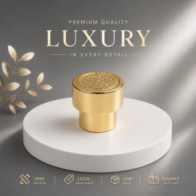 China Factory Custom Zinc Alloy Perfume Cap Bright Gold Plating Double Layer Cylinder Embossed Texture Metal Perfume Lid Support Custom Embossed Logo Magnetic for sale
