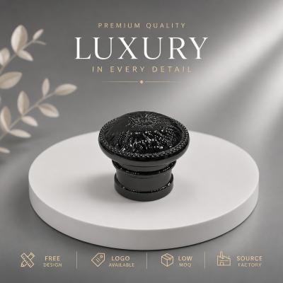 China Wholesale Double Layer Base Zinc Alloy Perfume Lid With Top Relief Floral Bead Trim Black Metal Perfume Cap OEM ODM Custom Logo for sale