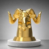 China Luxury 3D Ram Head Sculpture Zamak Perfume Cap with Custom Engraved Logo and Ancient Gold Plating for sale