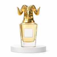 China Luxury 3D Ram Head Sculpture Zamak Perfume Cap with Custom Engraved Logo and Ancient Gold Plating for sale