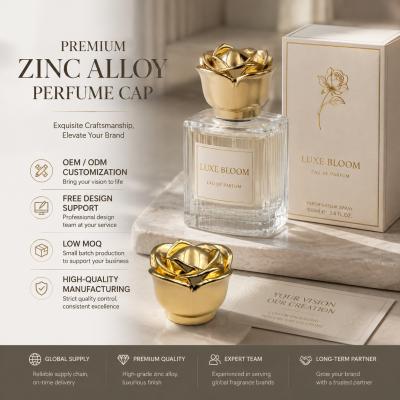 China Sculptured Golden Rose Shape Metal Perfume Cap Electroplating Zamac Perfume Bottle Top Custom High-end Perfume Packaging Accessory Magnetic for sale