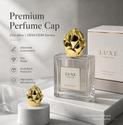 China Luxury Lotus Bud Zinc Alloy Perfume Cap Electroplated Gold Zamac Fragrance Bottle Lid Custom Logo Metal Perfume Cover OEM Packaging Magnetic for sale