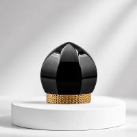 China Glossy Black Lotus Zamac Perfume Cap With Gold Mesh Base Luxury Metal Fragrance Bottle Lid Custom Logo for sale