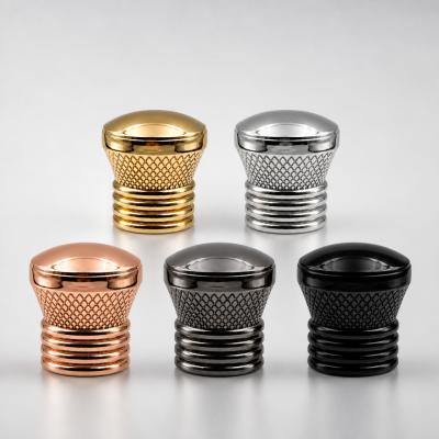 China Custom Zinc Alloy Perfume Cap Luxury Metal Fragrance Bottle Cap Knurled Pattern Electroplated Gold Silver Rose Gold Black Direct for sale