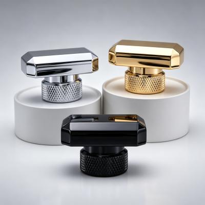 China Luxury Horizontal Octagonal Zinc Alloy Perfume Cap Bevel‑Cut Facets Knurled Texture Base Zamac Perfume Bottle Lid Multi‑Color Mirror Electroplating Custom Logo OEM ODM for sale