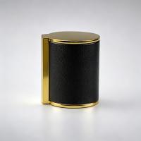 China Leather Wrapped Cylindrical Zinc Alloy Perfume Cap Metal Trim Zamac Lid Custom Logo For Fragrance Bottle OEM for sale