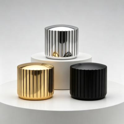 China Source Factory Cylindrical Vertical Ribbed Zinc Alloy Perfume Cap FEA15 Fit Rounded Top Embossed Zamac Perfume Bottle Lid Multi‑Color Electroplating Custom Logo OEM ODM for sale