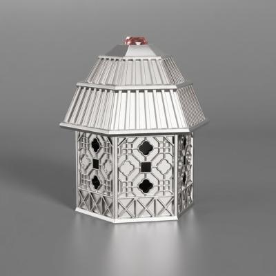 China Luxury Pavilion House Style Zamac Perfume Cap Hexagon Hollow Lattice Carving With Inlaid Pink Gem FEA15 Mouth Zinc Alloy Perfume Cover Light Gold Plating Custom Logo Source Factory for sale