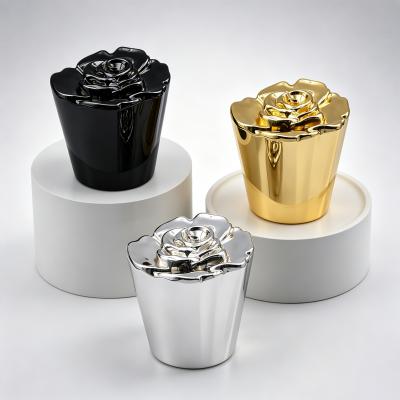 China FEA15 Zinc Alloy Perfume Cap 3D Rose Flower Top Tapered Cup‑Shaped Body Electroplated Metal Perfume Bottle Lid Custom Logo OEM ODM Zamac perfume Cap for sale