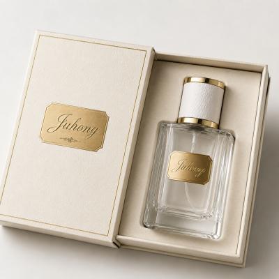 China Luxury Square Clear Glass Perfume Bottle With White Leather Wrapped Zamac Cap, Thick Base Empty Fragrance Spray Bottle, Custom Metal Logo Glass Perfume Container for sale