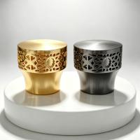 China Luxury Brushed Gold Hollow‑Out Zamac Perfume Cap, Cutout Textured Zinc Alloy Fragrance Bottle Lid, Custom Logo Hollow Carved Metal Perfume Cover for sale