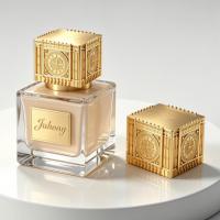 China Luxury Square 3D Embossed Clock Tower Zamac Perfume Cap, Brushed Gold Zinc Alloy Fragrance Bottle Lid, Custom Engraved Logo Architectural Metal Perfume Cover for sale