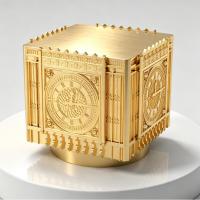 China Luxury Square 3D Embossed Clock Tower Zamac Perfume Cap, Brushed Gold Zinc Alloy Fragrance Bottle Lid, Custom Engraved Logo Architectural Metal Perfume Cover for sale