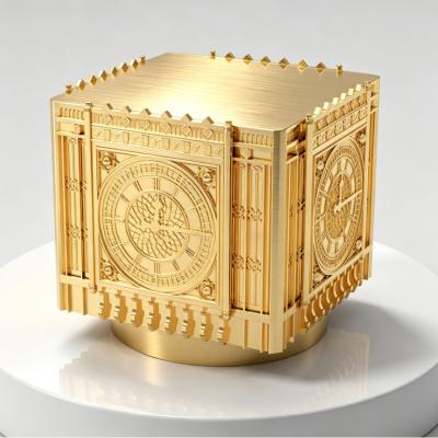 China Luxury Square 3D Embossed Clock Tower Zamac Perfume Cap, Brushed Gold Zinc Alloy Fragrance Bottle Lid, Custom Engraved Logo Architectural Metal Perfume Cover for sale