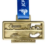 China Rectangle Gold Engraved Zinc Alloy Custom Medals with Blue Ribbon - 2-3 Day Mold Production & No Minimum Order for sale