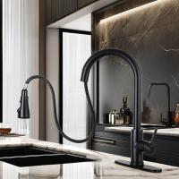 China Matte Black Kitchen Faucet with Pull-Down Sprayer and Contemporary Style Brass Design for sale