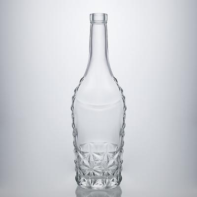 China Bottom Engraved Glass Liquor Bottle for Whisky Gin Rum Sealing Type Cork Super Flint Glass for sale