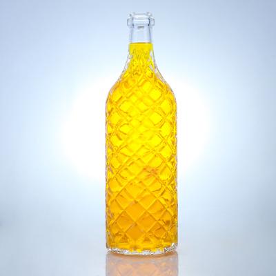 China Glass Collar Super Flint Embossed Rum Vodka Whisky Tequila Gin Bottle with Cork Made for sale