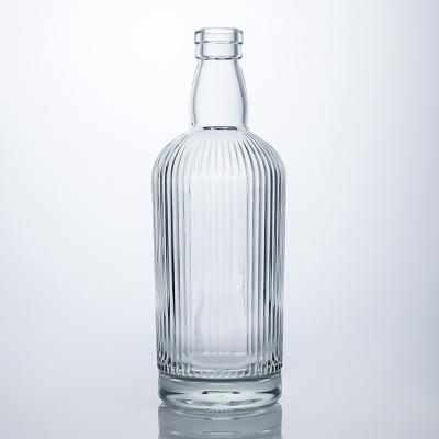 China 750ml Round Shape Glass Bottle with Stripe and Cork for Rum Vodka Whisky Tequila Gin for sale