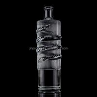 China Luxury Embossed Glass Bottle 750ml 1000ml Clear Flint Gin Rum Champagne Tequila Whisky Bottle with Cork for sale