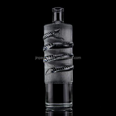 China Luxury Embossed Glass Bottle 750ml 1000ml Clear Flint Gin Rum Champagne Tequila Whisky Bottle with Cork for sale