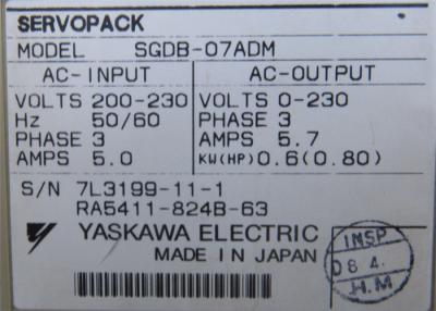 China Industrial ServoPack Yaskawa   200-230V   0.6KW servo drive Input 5.0AMPS SGDB-07ADM for sale