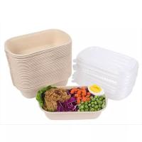 China Cheese Rectangular 1300ml Disposable Paper Soup Bowls Biodegradable Salad Food Container Bagasse Box With Lid Cover for sale