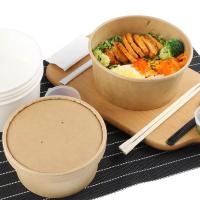 China Restaurant Round Kraft Paper Takeaway Salad Bowl 1000ML With Transparent Lid for sale