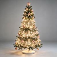China Pre-lit Artificial Christmas Tree with Metal Frame Structure, Flocked Snow Xmas Tree Decorated with Gold Baubles, Red Bow & Star Topper, Warm LED Lights Indoor Holiday Home Decor Tree for sale