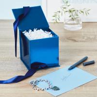 China Navy Glitter 4x4 Small Gift Box With Shredded Paper Filler for sale