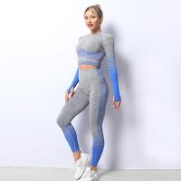 China Round Neckline 85% Nylon Seamless Yoga Sets Gradient Blue Tie Dye Workout Set for sale
