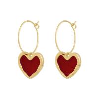 China 18K Gold Red Enamel Heart Shaped Dangle Hoop Earrings for sale