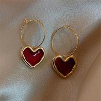 China 18K Gold Red Enamel Heart Shaped Dangle Hoop Earrings for sale
