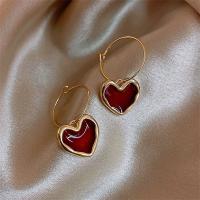China 18K Gold Red Enamel Heart Shaped Dangle Hoop Earrings for sale