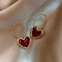 China 18K Gold Red Enamel Heart Shaped Dangle Hoop Earrings for sale