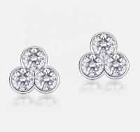 China S925 Silver Three Stone Stud Earrings with Rhodium Plating For Women And Girls Fine Jewelry for sale