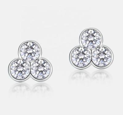 China S925 Silver Three Stone Stud Earrings with Rhodium Plating For Women And Girls Fine Jewelry for sale