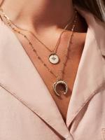 China Gold Sparkling Layered Necklace Set 45CM Zirconia Coin Horn Pendant Necklace for sale
